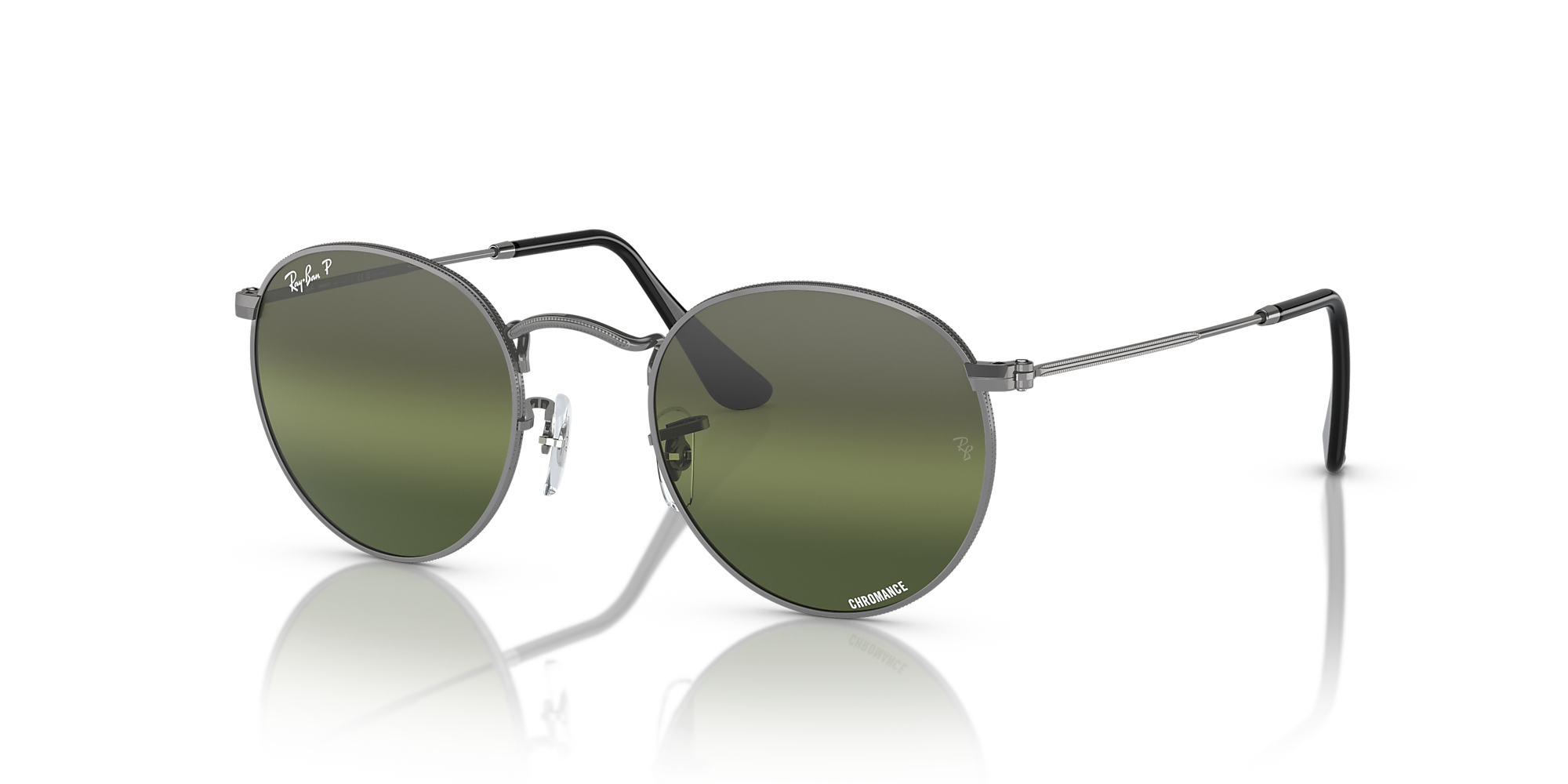 Ray-Ban RB3447 Round Metal Chromance 53 Silver/Green & Gunmetal ...